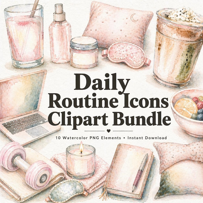 Daily Routine Watercolor Clipart Icons, Minimal Planner Stickers ...