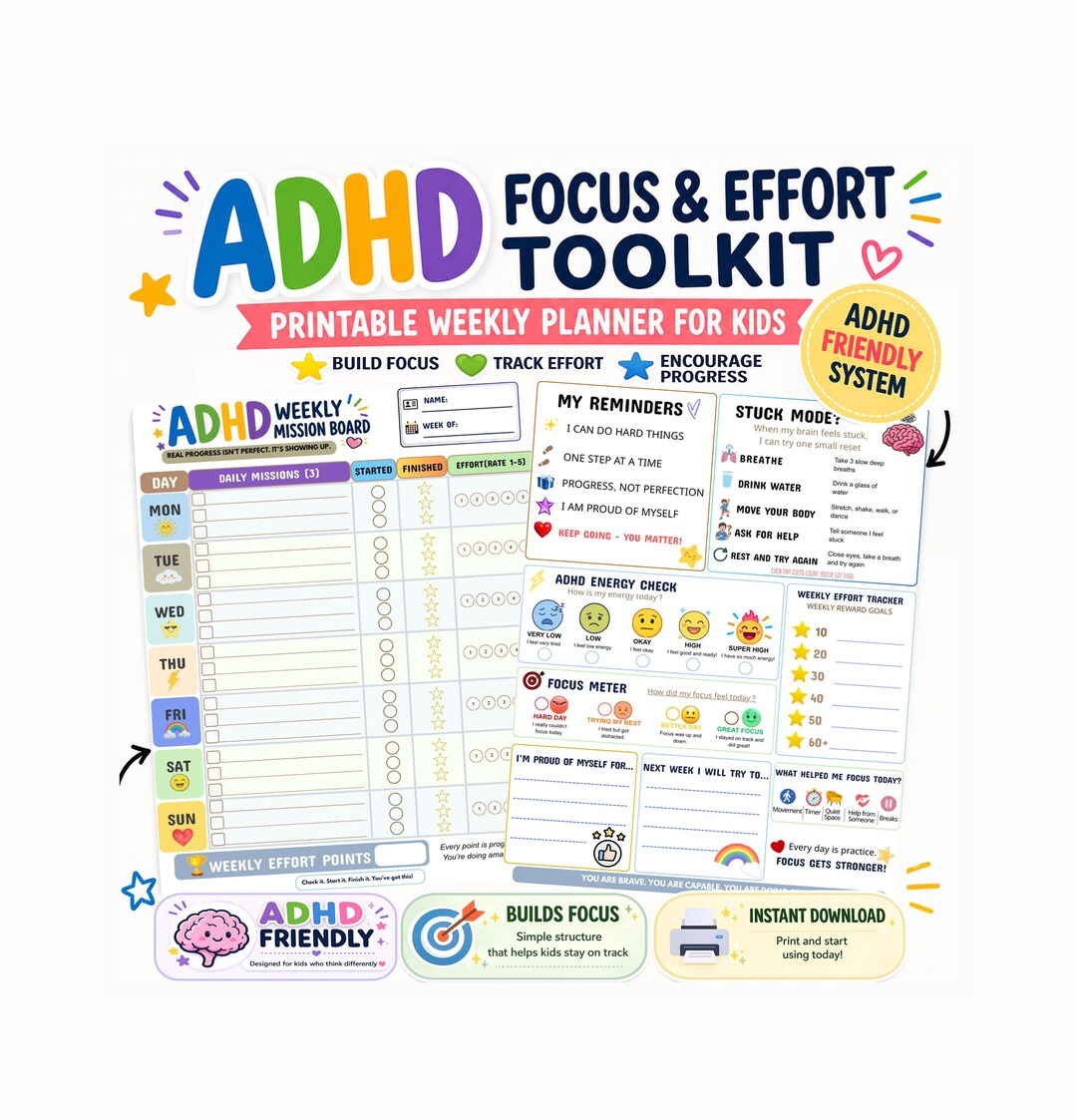 ADHD Weekly Toolkit for Kids | Focus & Effort Planner (digital Download ...