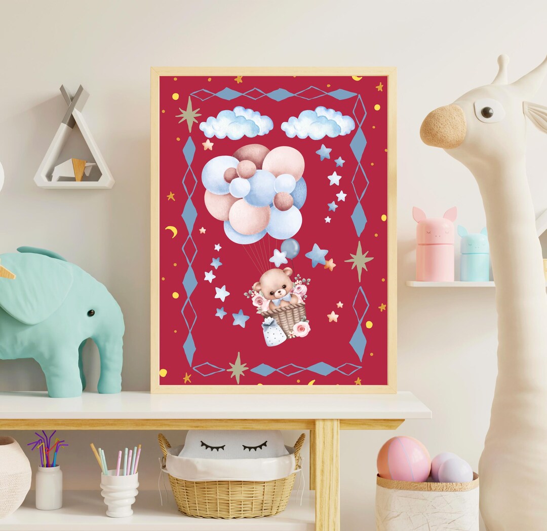 Teddy Bear Balloon Nursery Art, Whimsical Kids Room Poster (digital ...