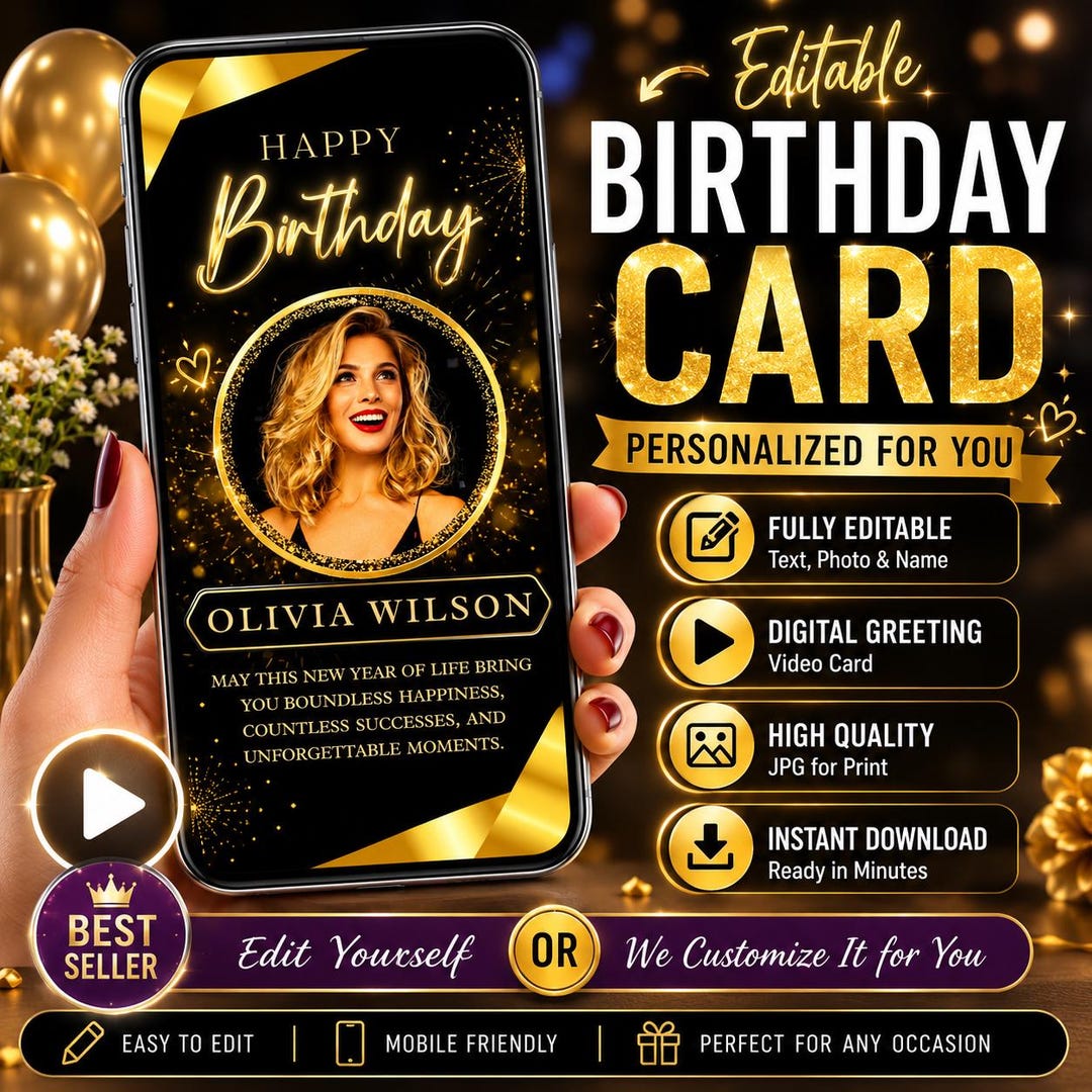 Animated Birthday Video Template | Editable Canva Greeting | Black ...