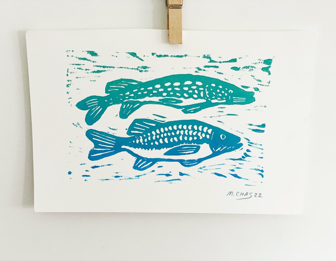 Two Fish (linocut Block Print, Original Hand Made, With Mat) - Etsy