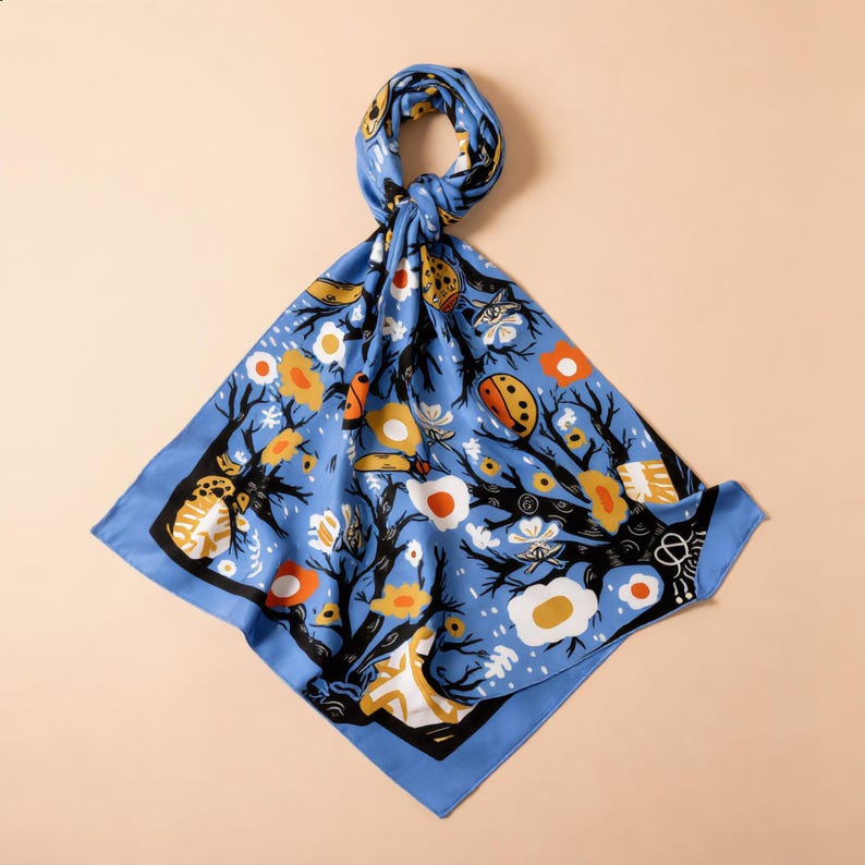 100% Mulberry Silk Scarf | Cartoon Ladybug Floral Print Square Shawl ...