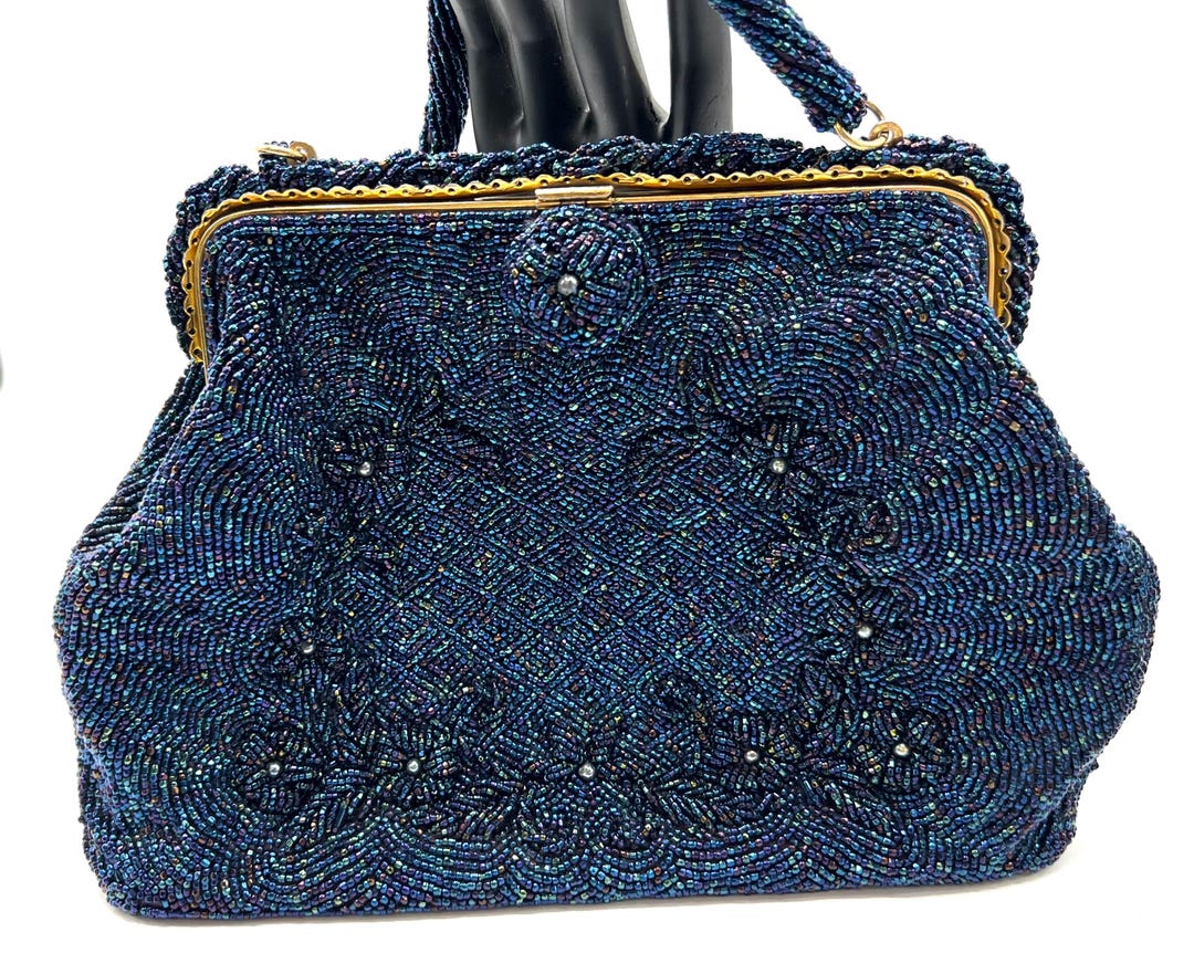 Hand Beaded Iridescent Blue Evening Purse, Hand Beaded in Hong Kong, 9 ...