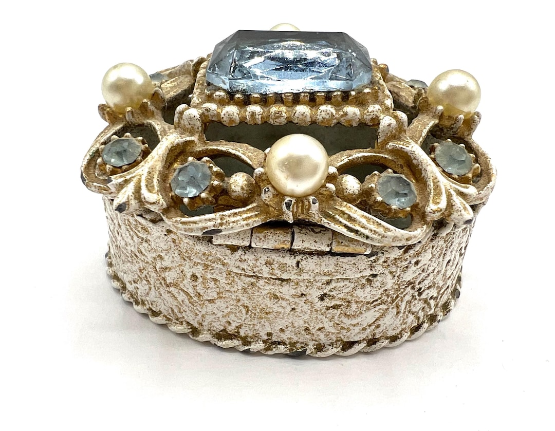 Vintage FLORENZA Jeweled Vanity Trinket Box, Blue Glass and Faux Pearls ...