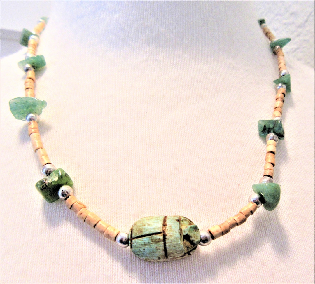 Scarab Necklace, Green Carved Stone Scarabs, Heishe Bead Chain, Single ...