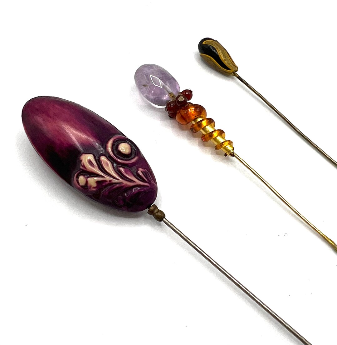 Vintage Hat Pins, Set of 3, Art Deco Stick Pins, Glass Hat Lapel Pins ...