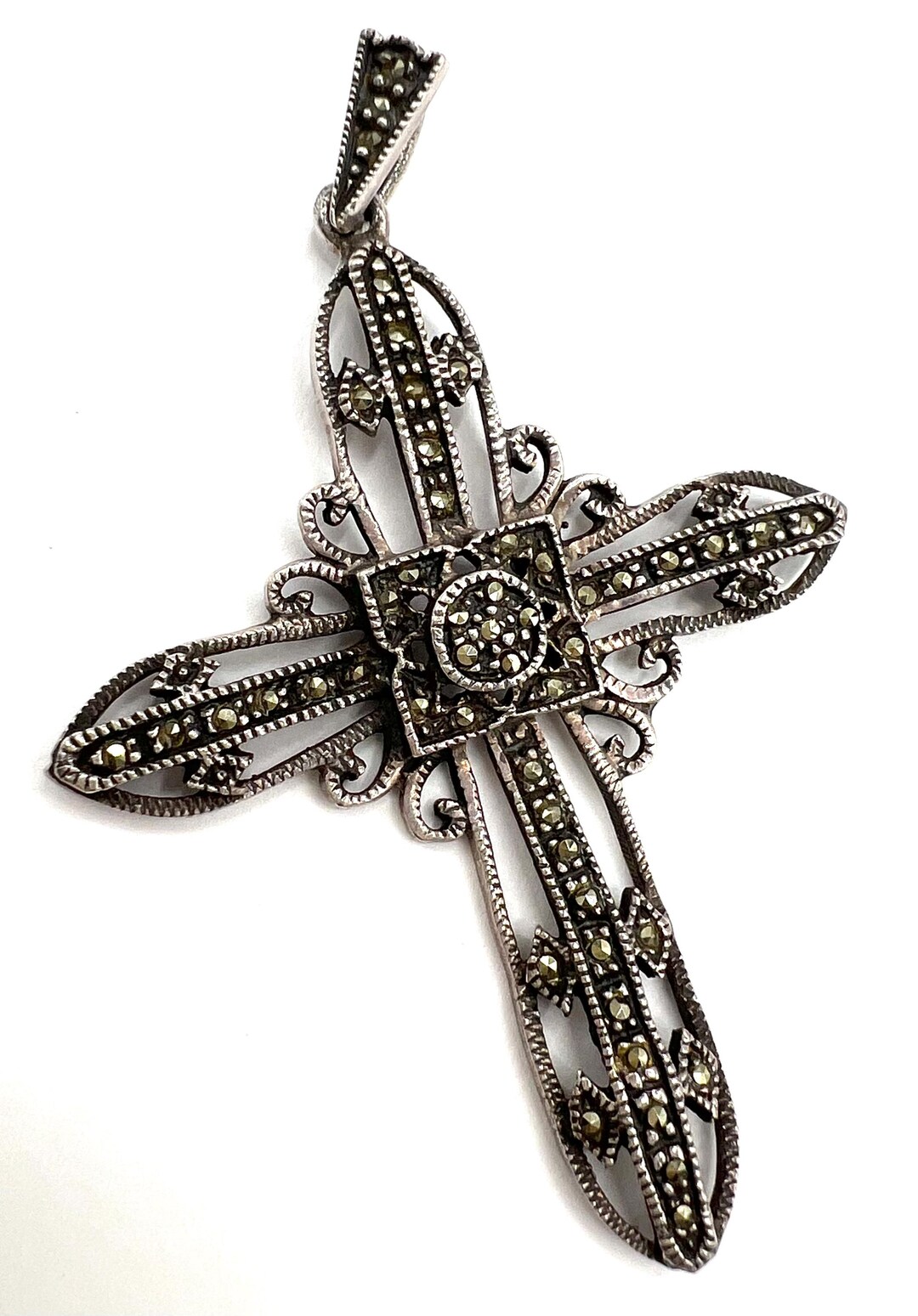 Vintage Sterling Marcasite Cross Pendant, 2 1/2 Inch Signed 925 Cross, Genuine Marcasite Stones ...