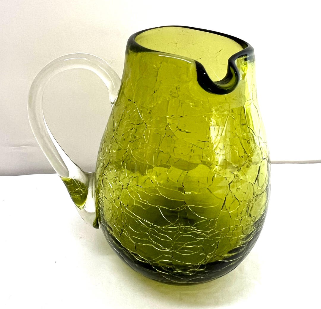 Vintage Blenko Pilgrim Glass Green Crackle Hand Blown Glass Pitcher or ...