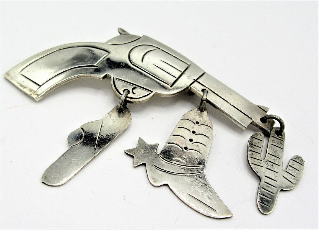 Sterling Western Brooch, Gun With Danglers, Hat Boot Cactus, Signed ...