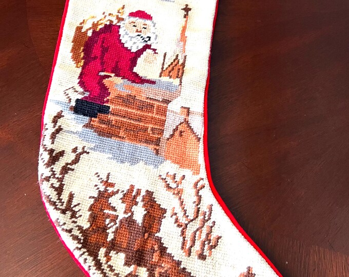 Vintage Needlepoint Santa Stocking: Red Velvet Back, Extra Long - Etsy