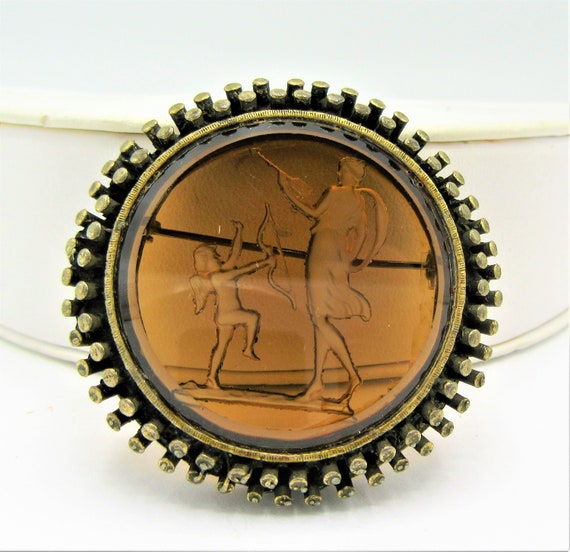 Amber Glass Intaglio Pin, Etched Cupid Cameo, Vintage… - Gem