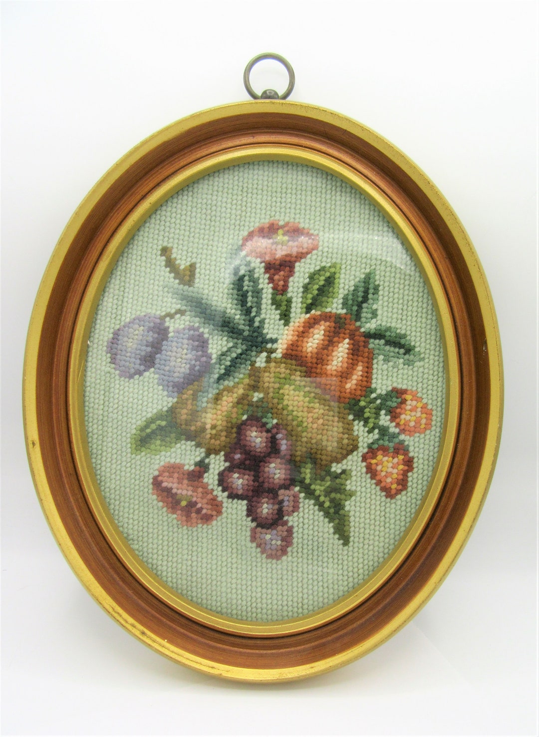 Fall Needlepoint in Frame, Still Life Fruits, Oval Wood Frame, 10 by 9 ...