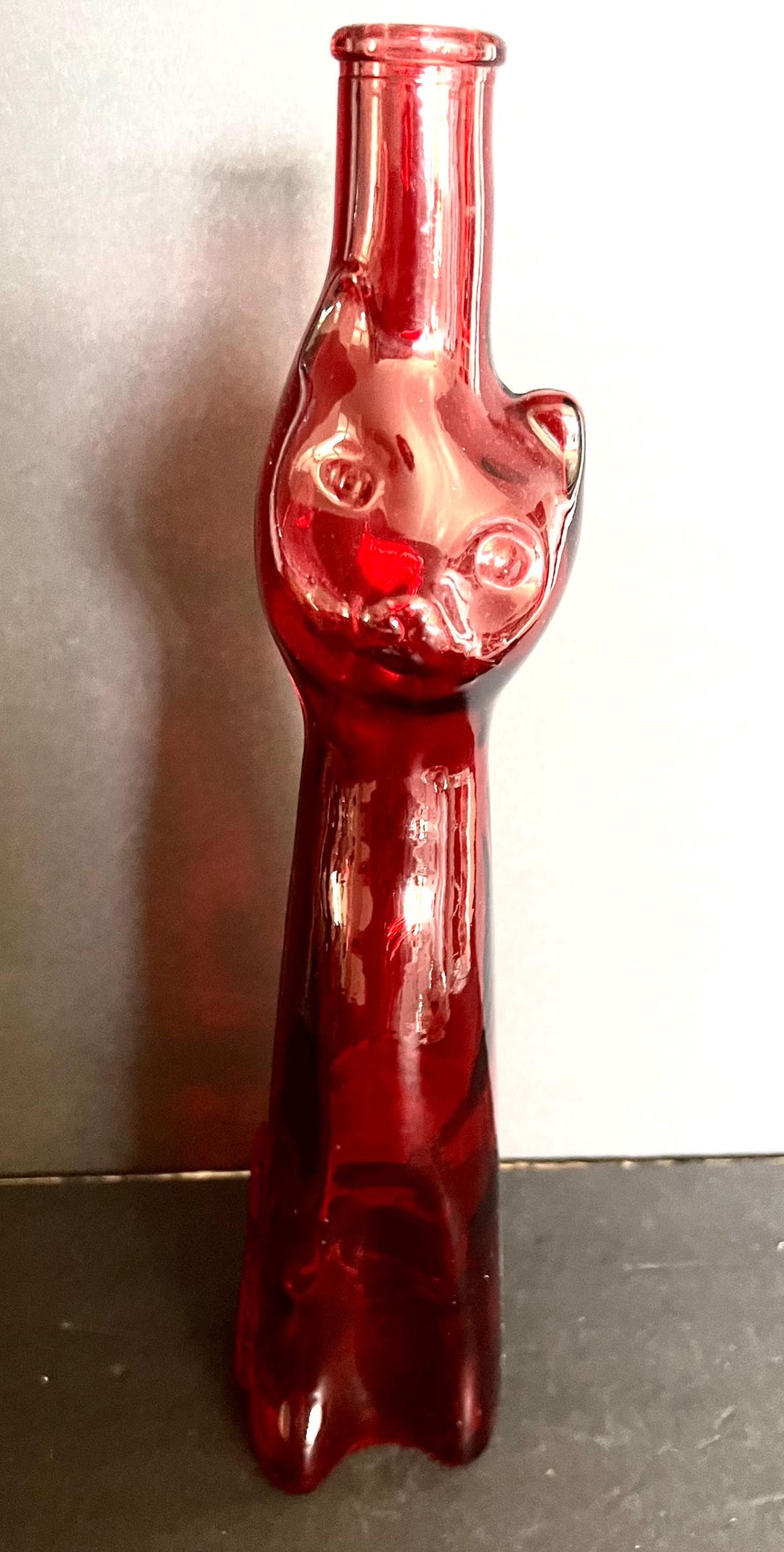 Vintage RED GLASS Cat Bottle, Made in Germany, Cat Face, Empty Wine ...