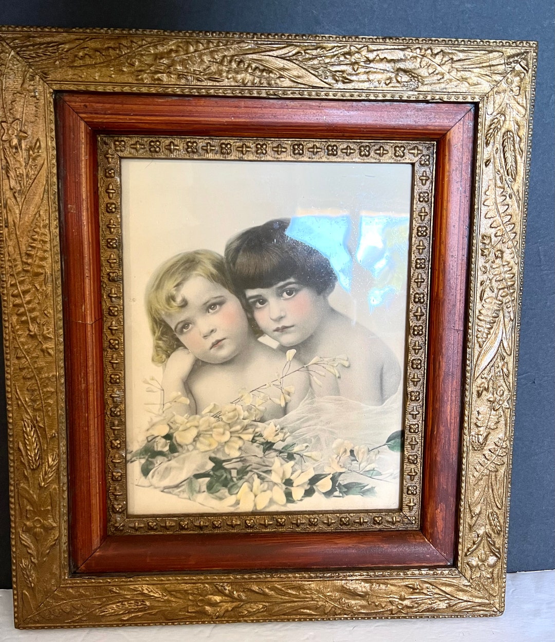 30s Gold Framed Photo, Vintage Photo Children, Colorized Photo, 15 by ...