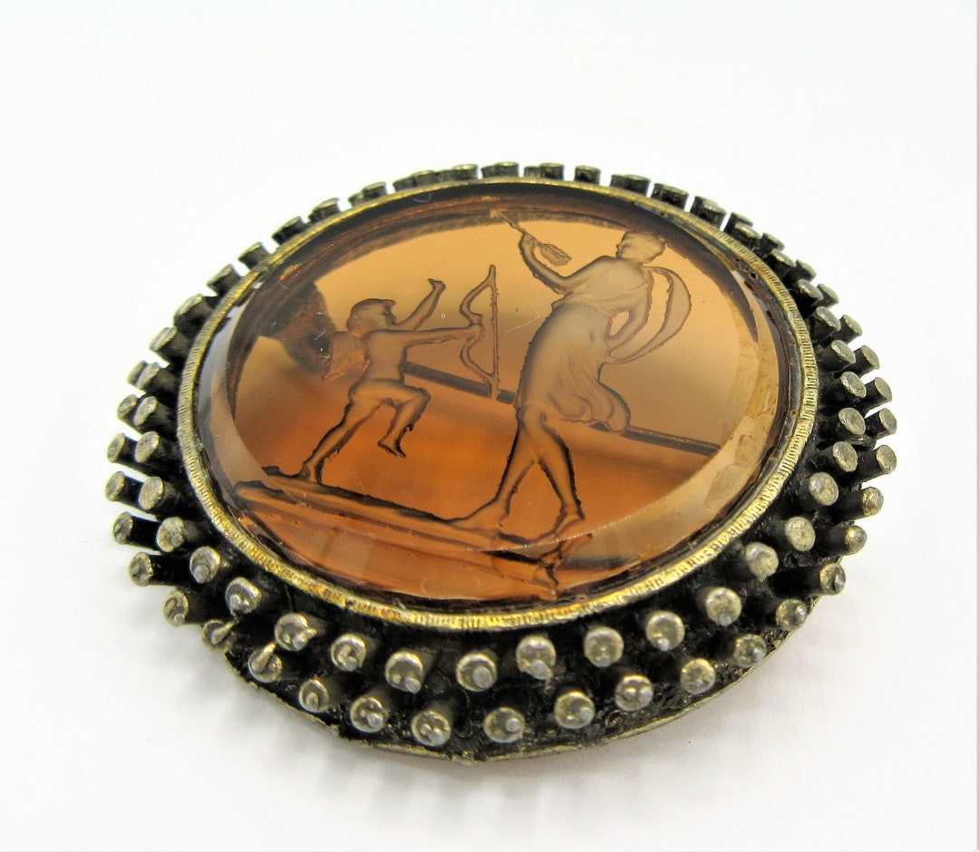 Amber Glass Intaglio Pin, Etched Cupid Cameo, Vintage Faceted Edge ...