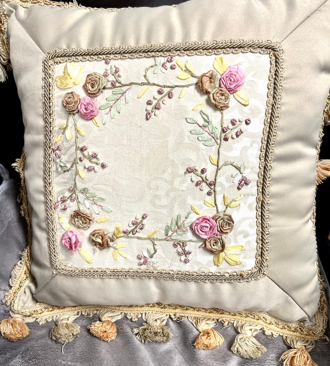 Needlework Pillow, Pink Silk Flowers, Light Sage Green Knife Edge ...