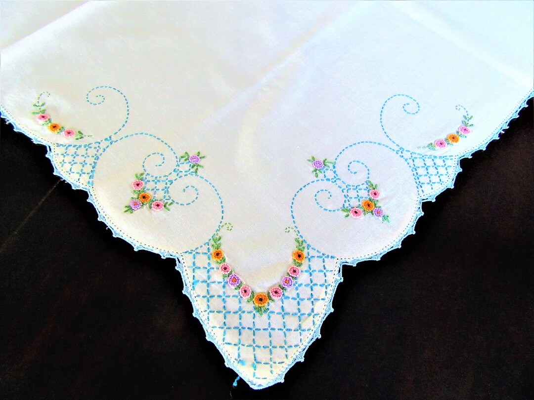 Embroidered Table Topper, Blue Hand Embroidered, Cotton 32 Inch Square ...