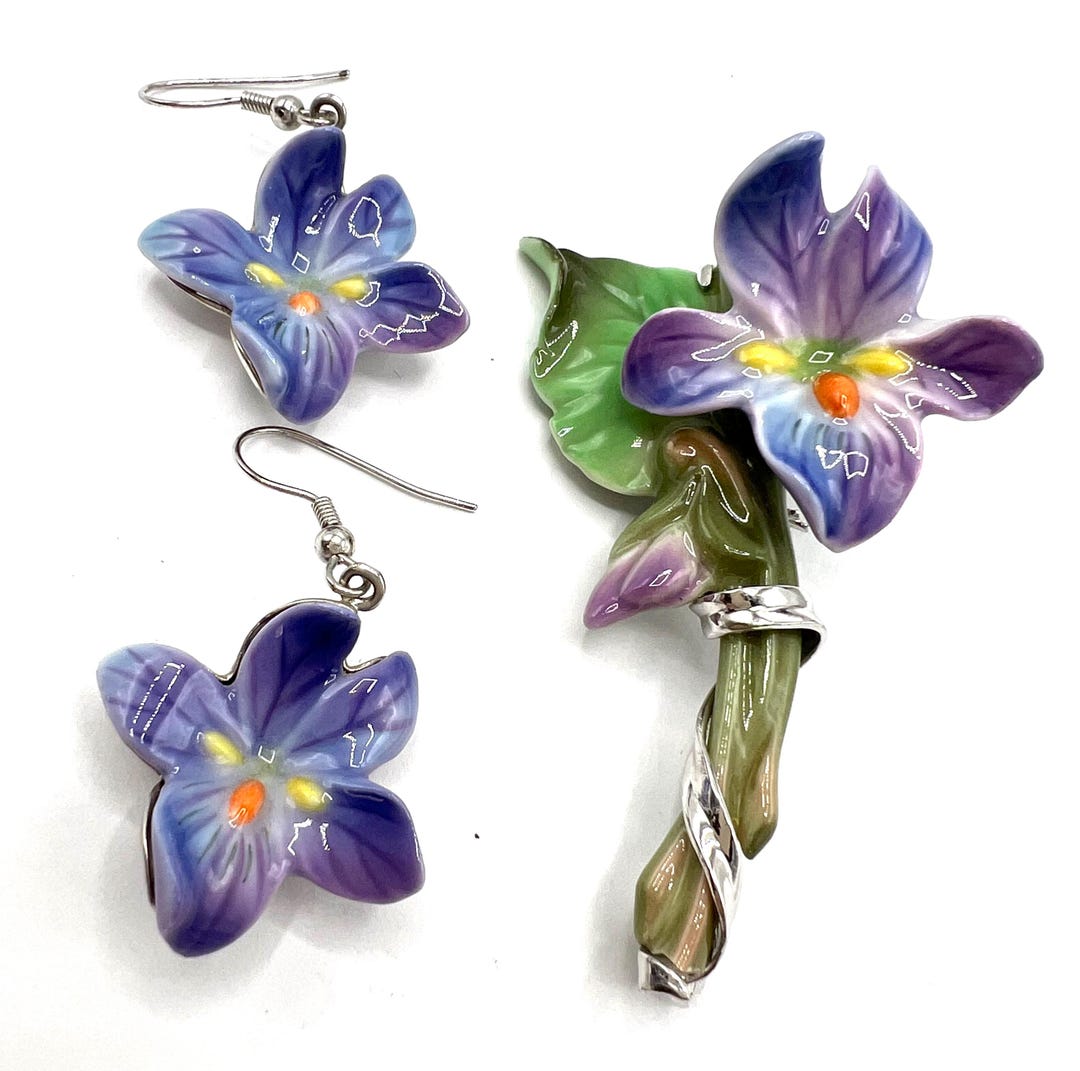Vintage FRANZ Porcelain Flower Brooch & Earrings Set - Lavender Petals ...