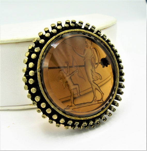 Amber Glass Intaglio Pin, Etched Cupid Cameo, Vintage… - Gem