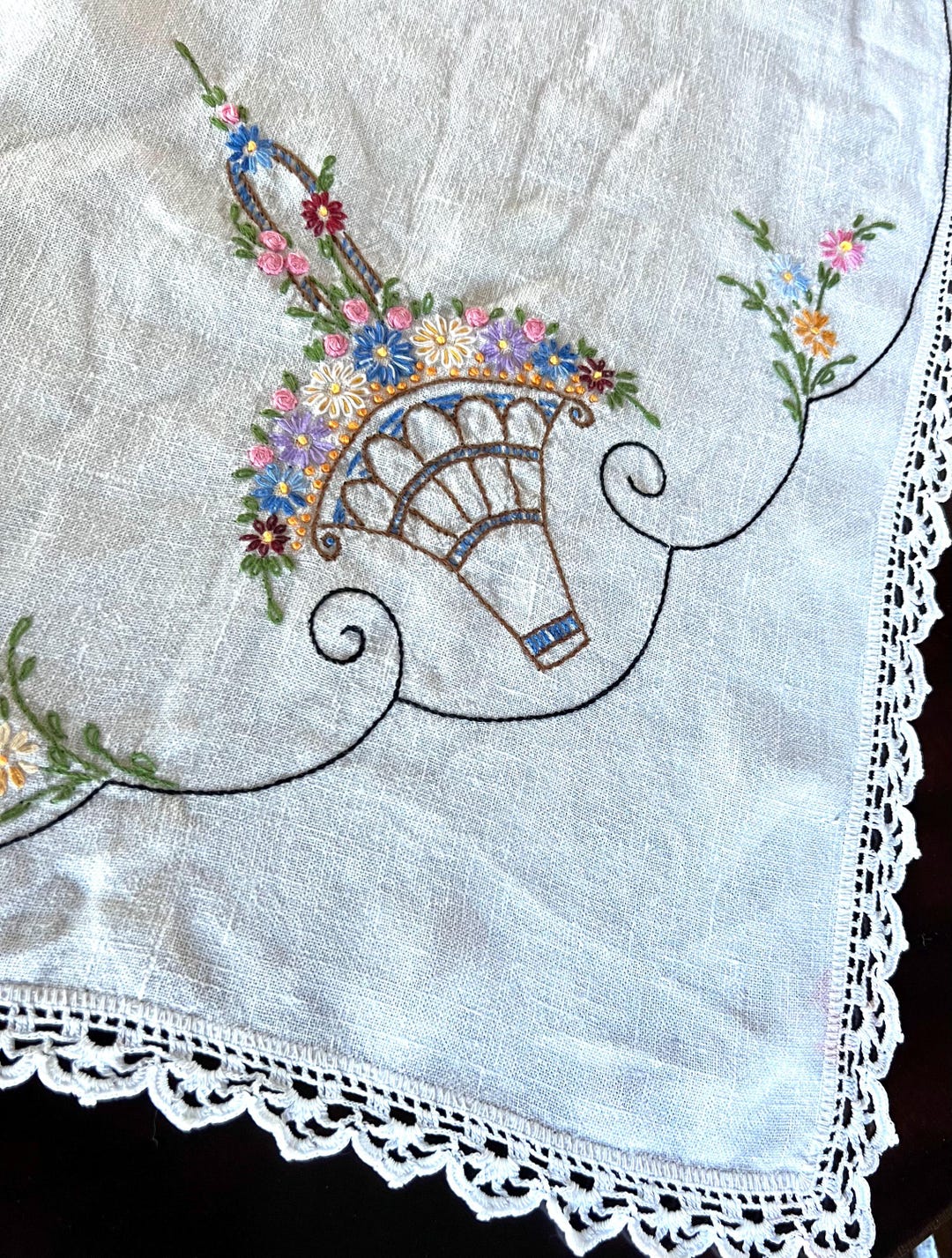 MCM Embroidered Table Topper, Blue Hand Embroidered, Cotton 34 Inch ...