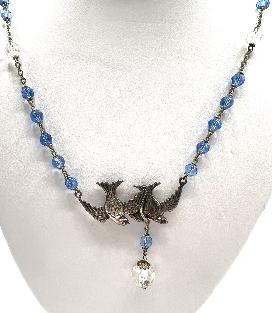 Blue Crystal Necklace, Lucite Crystals, Sterling Mexico Birds Pendant ...