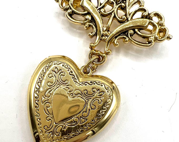Art Deco Locket Pin, Heart Locket, Gold Tone Brooch,photo Locket, Holds ...