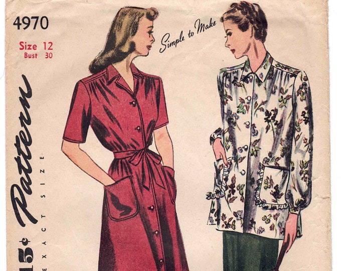 40s Smock Dress Pattern Simplicity 4970 Size 12 Bust 30. Front Button ...