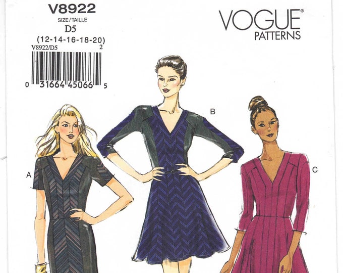 Vogue Dress Pattern V8922 Uncut/ff Sizes 12-20. V-neck Mini Dress, Fit ...
