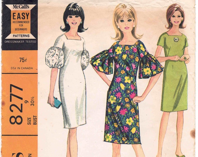 60s Shift Dress Pattern Mccalls 8277 Junior Size 9 Bust 30.5. Square Neck Dress, Ruffled/puff ...
