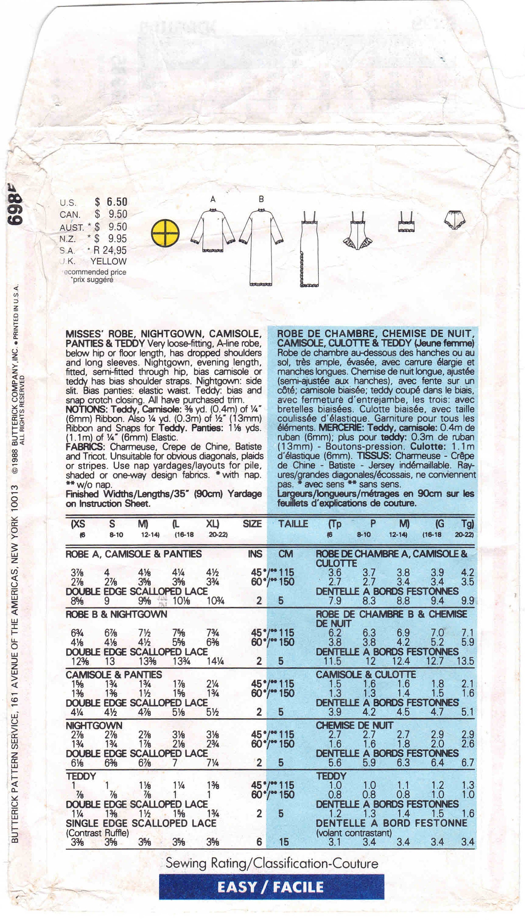 80s Lingerie Pattern Butterick 6985. Uncut Sizes XS-S-M 6-14 Bust 30.5 ...