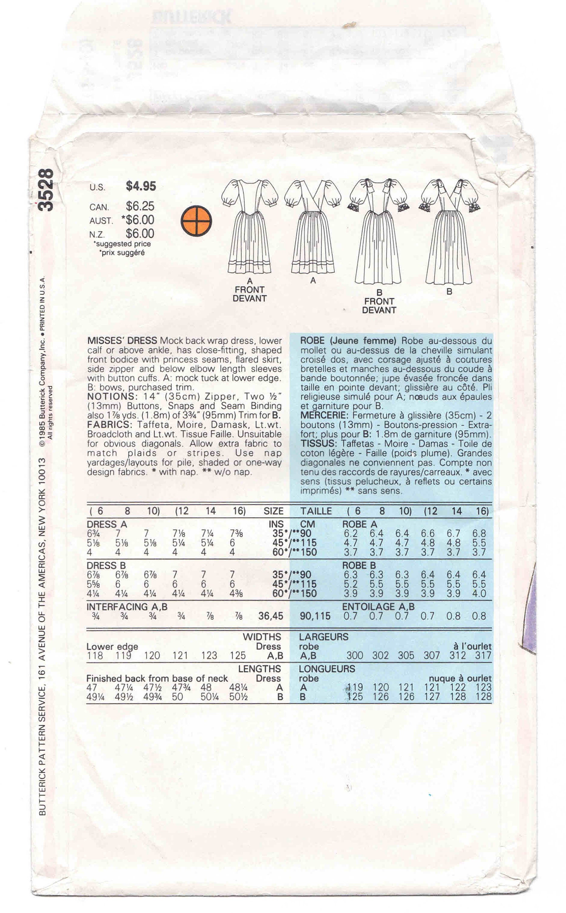 80s Back Back Wrap Dress Pattern Butterick 3528 Sizes 6-10. Bust 30.5 ...