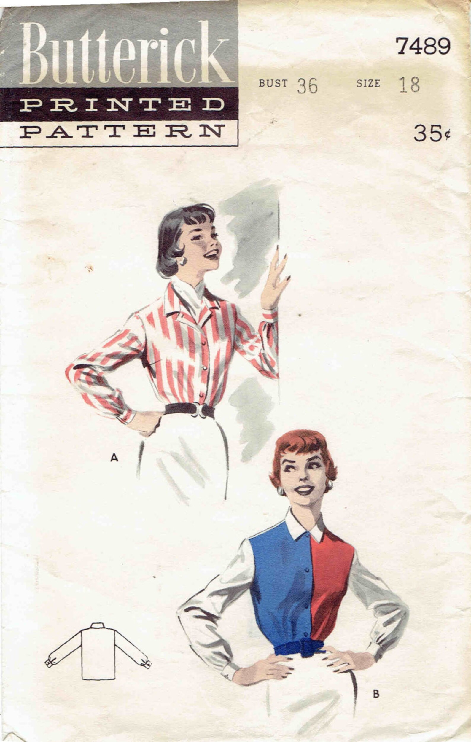 1950s Tailored Blouse Pattern Butterick 7489. Long Sleeved With Color ...