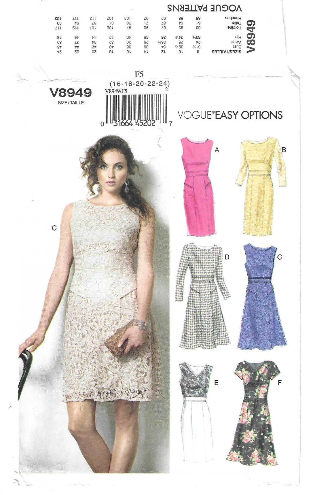 Vogue Easy Options Dress Pattern 8949 Uncut Sizes 16-24 Bust 38-46 ...