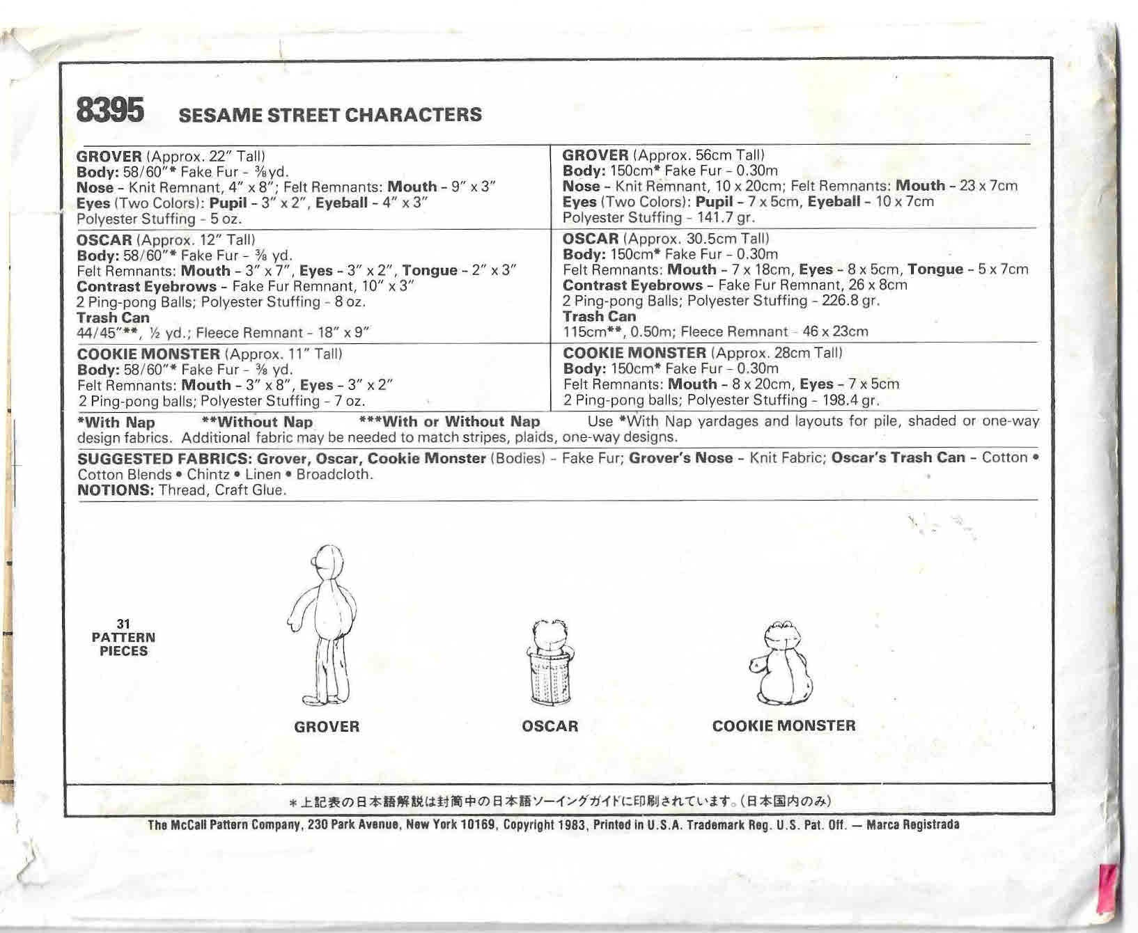 Sesame Street Muppets Grover, Oscar, Cookie Monster Pattern Mccall's ...