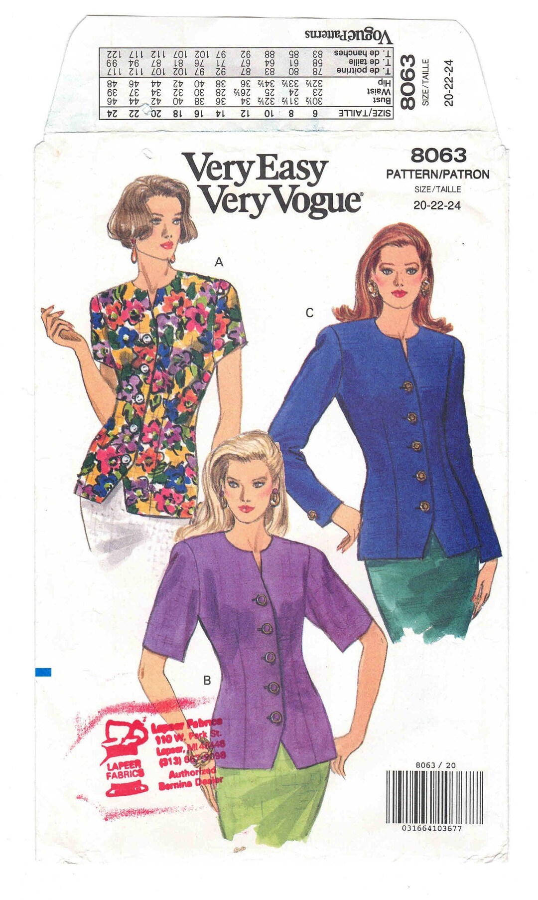 90s Very Easy Very Vogue Blouse Pattern 8063. Uncut Sizes 20-24 Bust 42 ...