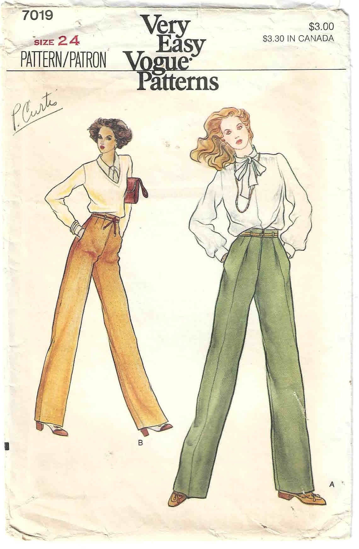 70s Very Easy Vogue Straight Leg Pants Pattern 7019. Size 8 Waist 24 ...