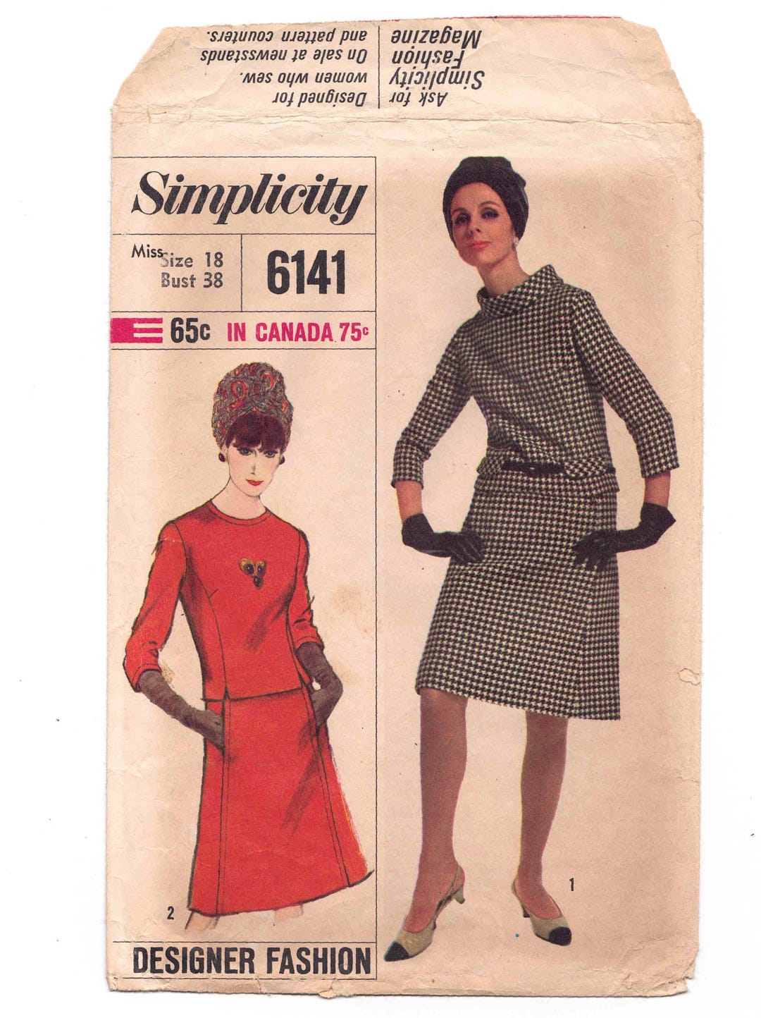 1960s Simplicity 2 Piece Dress Pattern 6141 Size 18 Bust 38. Designer ...