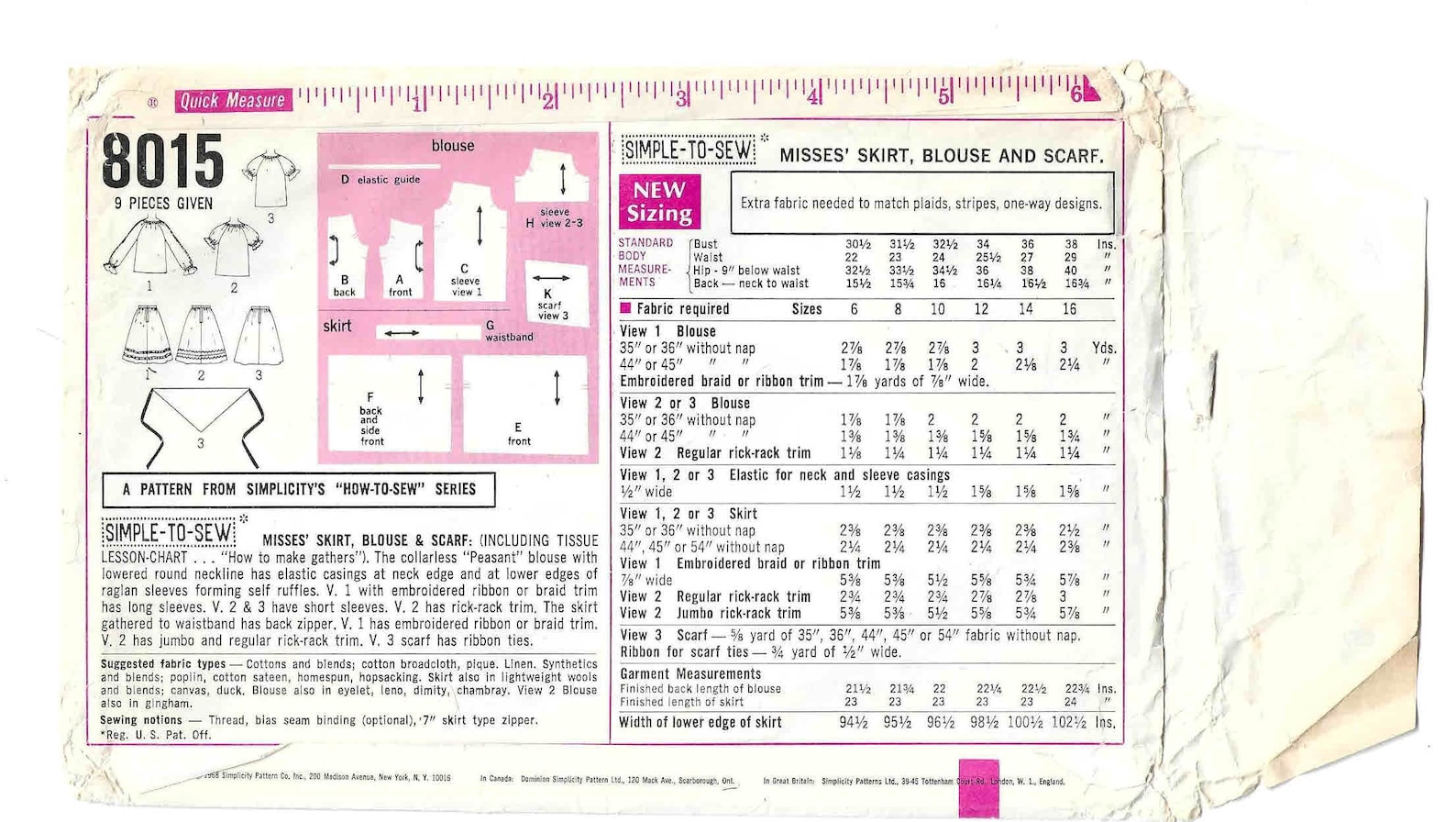 60s Peasant Blouse & Dirndl Skirt Pattern Simplicity 8015 Size 10. How ...