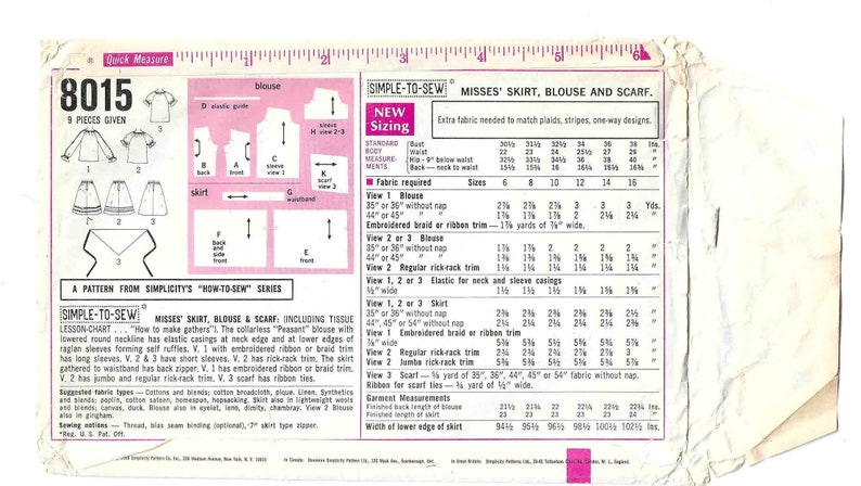 60s Peasant Blouse & Dirndl Skirt Pattern Simplicity 8015 Size 10. How ...