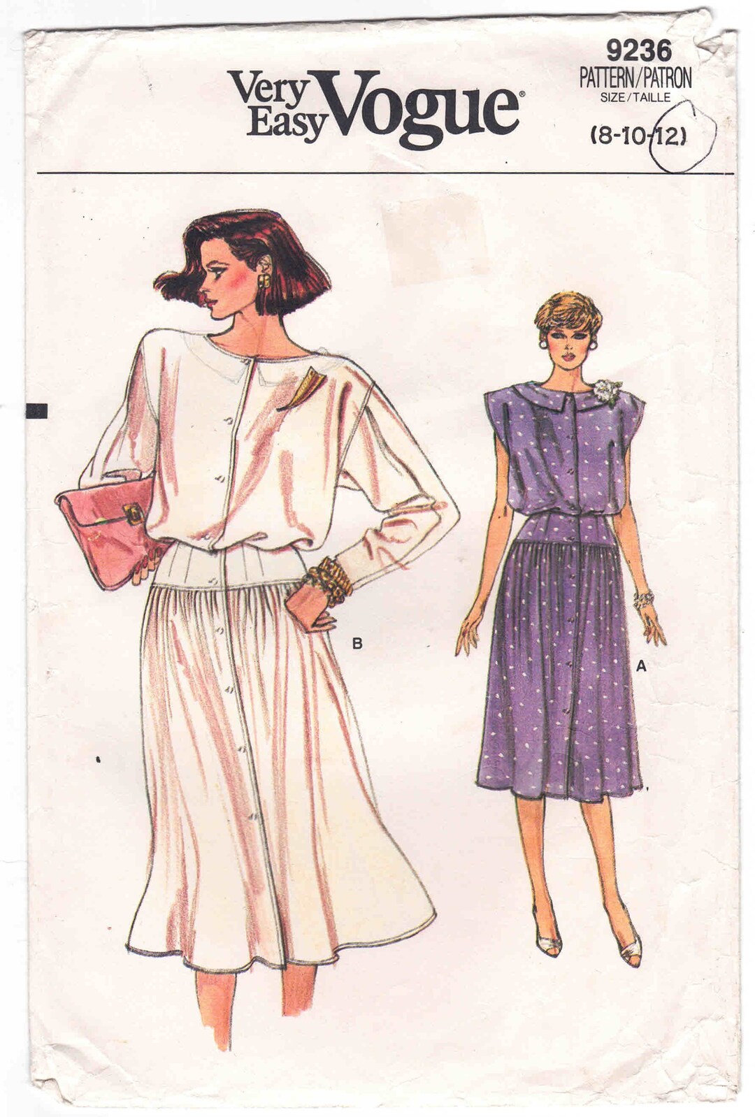 80s Very Easy Vogue Dress Pattern 9236 Cut for Size 12 Bust 34. Blouson ...