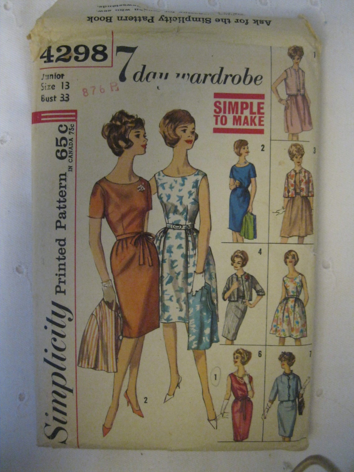 1960s Vintage 7 Day Wardrobe Pattern Simplicity 4298. Dress With Slim ...