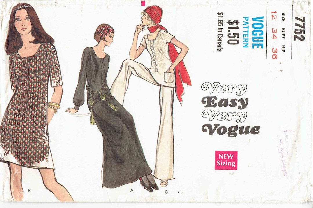 70s Vogue Maxi Dress, Shirt and Flared Pants Pattern 7752 Size 12 Bust ...