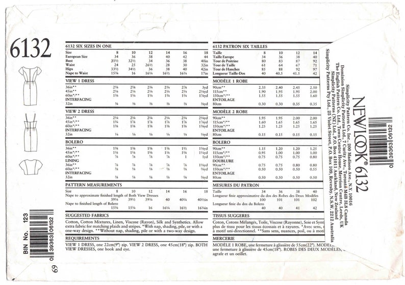 90s Fitted Dress Pattern New Look 6132 Uncut/ff Sizes 8-18 Bust 31.5-40 ...