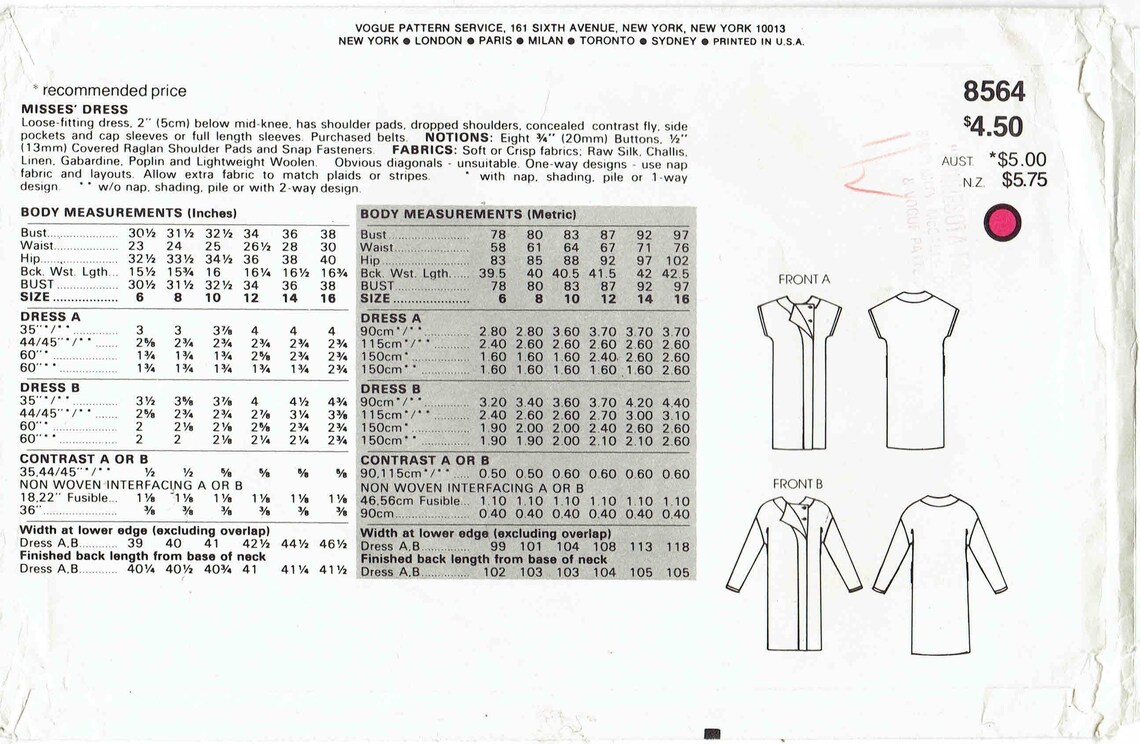 80s Very Easy Vogue Dress Pattern 8564 Size 6-8-10 Bust 30.5-32.5 In ...