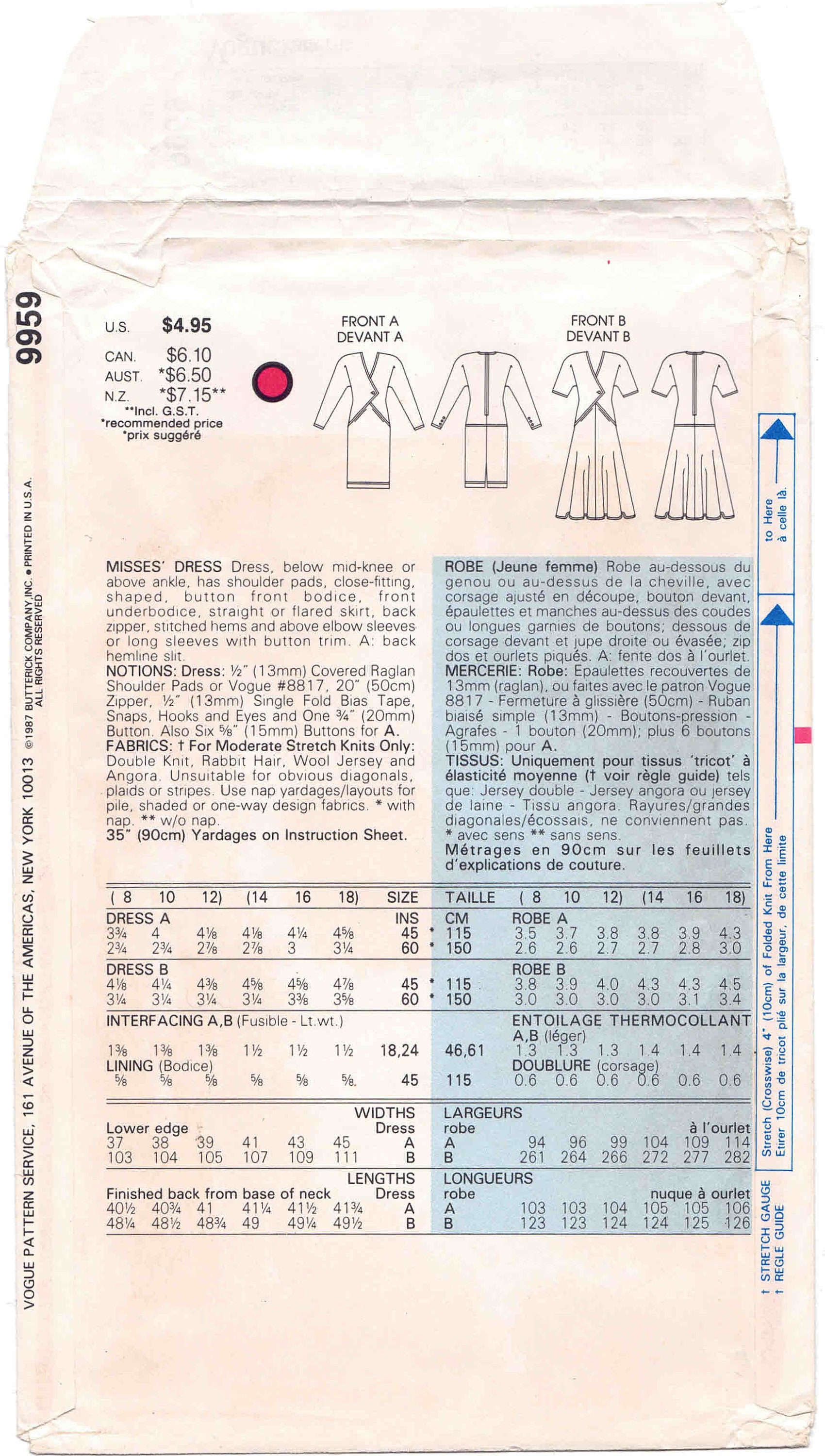 80s Very Easy Vogue Dress Pattern 9959. Uncut/ff Sizes 8-12 Surplice ...