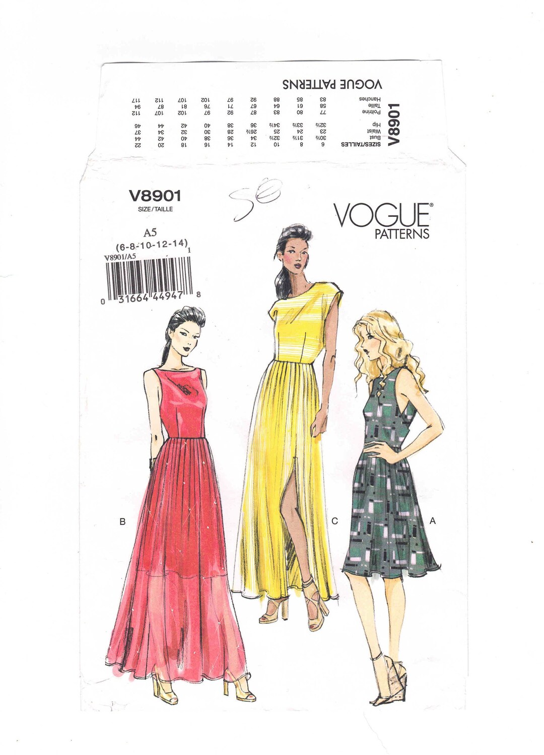 Vogue Sleeveless Dress Pattern 8901. Uncut/ff Sizes 6-14. Dress in Maxi ...