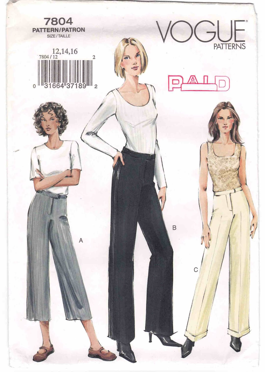 Vogue Women's Pants Pattern 7804. Uncut/ff Sizes 12-14-16. Slightly ...