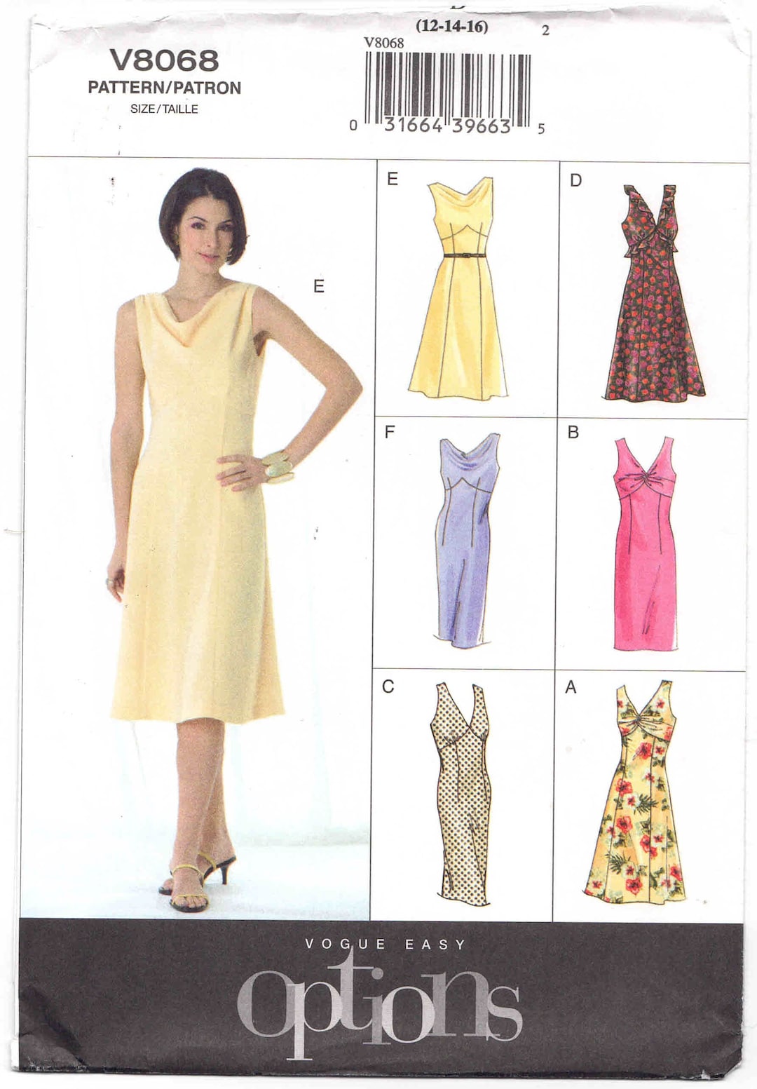 Vogue Easy Options Dress Pattern 8068. Uncut Sizes 12-14-16. V-neck or ...