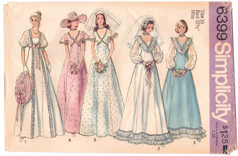 70s Wedding and Bridesmaid Dress Pattern Simplicity 6399 Size 10 Bust ...