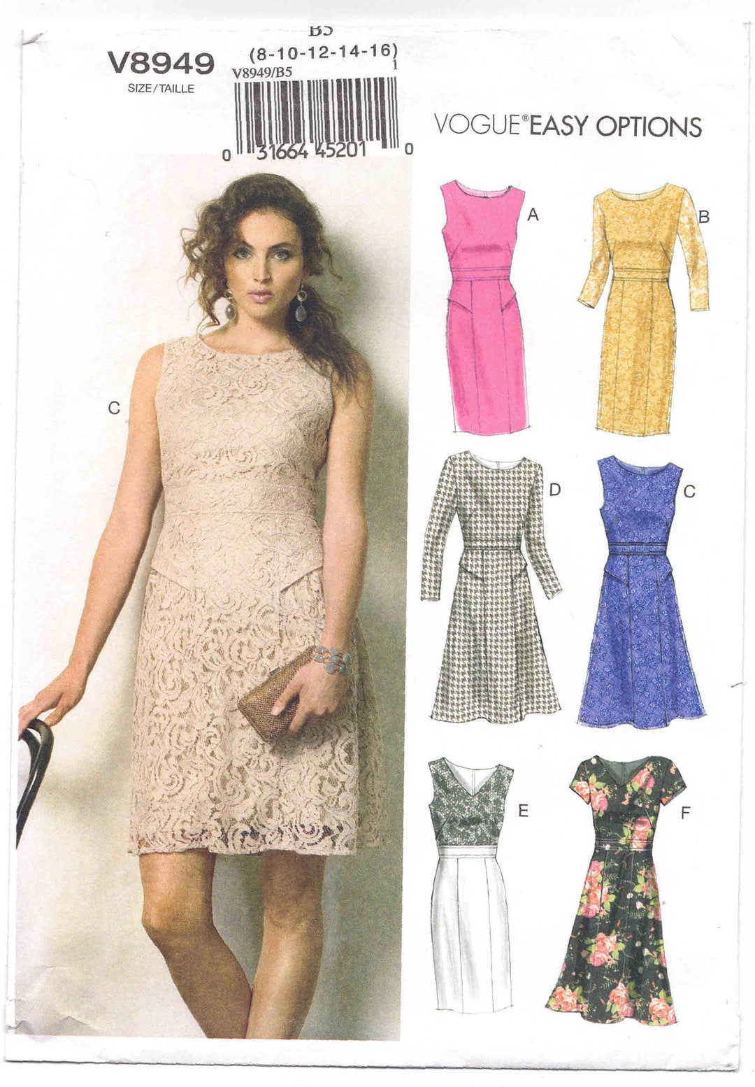 Vogue Easy Options Dress Pattern V8949 Uncut Sizes 8-16. Lined Dress ...